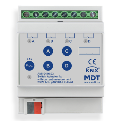 MDT KNX Switch Actuator 4-fold, 4SU MDRC, 16/20 A, 230 V AC, C-load, industrie, 200 μF, current ...