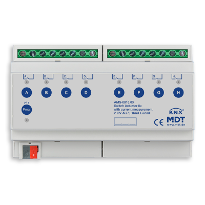 MDT KNX Switch Actuator 8-fold, 8SU MDRC, 16 A, 230 V AC, C-load, standard, 140 μF, current ...